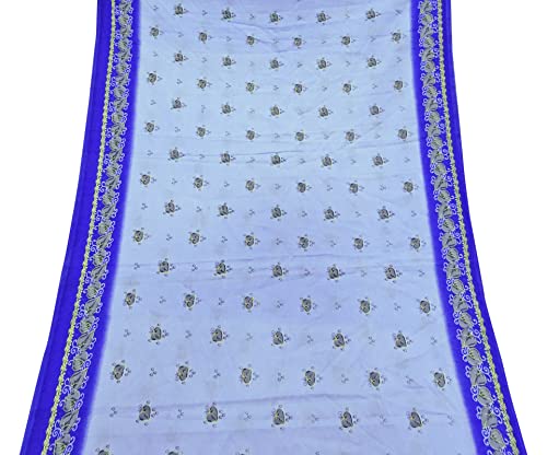 Peegli Indian Vintage Blue Silk Blend DIY Fabric Casual Dress Material Printed Textile