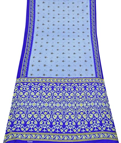 Peegli Indian Vintage Blue Silk Blend DIY Fabric Casual Dress Material Printed Textile