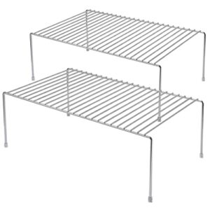 gedlire kitchen cabinet shelf organizer set of 2, medium (13 x 9.4 inch) metal wire pantry storage shelves, dish plate racks for cabinets, freezer, counter, cupboard organizers and storage, chrome