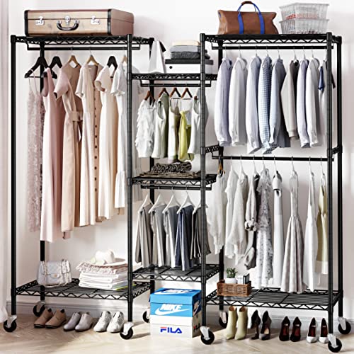 HOKEEPER Heavy Duty Rolling Wire Garment Rack with Rubber Wheels, Metal Clothing Rack for Hanging Clothes Freestanding Closet Organizer Portable Clothes Rack Wardrobe with 7 Shelves & 5 Hanging Rods