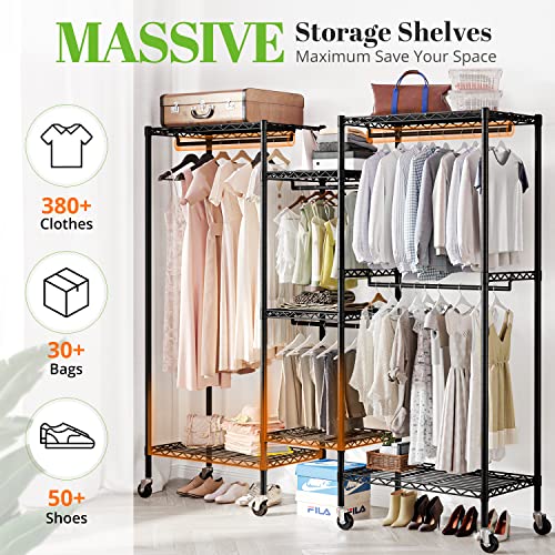 HOKEEPER Heavy Duty Rolling Wire Garment Rack with Rubber Wheels, Metal Clothing Rack for Hanging Clothes Freestanding Closet Organizer Portable Clothes Rack Wardrobe with 7 Shelves & 5 Hanging Rods