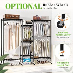 HOKEEPER Heavy Duty Rolling Wire Garment Rack with Rubber Wheels, Metal Clothing Rack for Hanging Clothes Freestanding Closet Organizer Portable Clothes Rack Wardrobe with 7 Shelves & 5 Hanging Rods