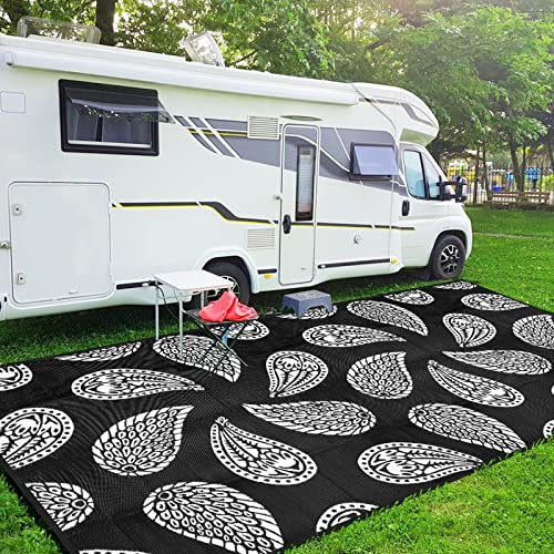 ONME Outdoor Rug RV Mat Recycled 9x18FT Reversible Mats with 8 Corner Loops for Outdoors, Patio, Backyard, Deck, Picnic, Beach, 8 Stakes and Carry Bag Included (Black and White Paisley)