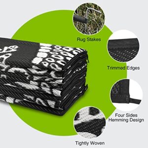 ONME Outdoor Rug RV Mat Recycled 9x18FT Reversible Mats with 8 Corner Loops for Outdoors, Patio, Backyard, Deck, Picnic, Beach, 8 Stakes and Carry Bag Included (Black and White Paisley)