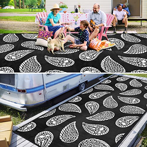 ONME Outdoor Rug RV Mat Recycled 9x18FT Reversible Mats with 8 Corner Loops for Outdoors, Patio, Backyard, Deck, Picnic, Beach, 8 Stakes and Carry Bag Included (Black and White Paisley)