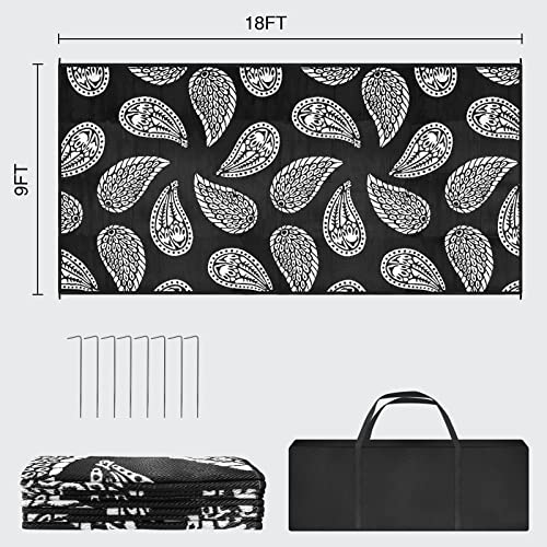 ONME Outdoor Rug RV Mat Recycled 9x18FT Reversible Mats with 8 Corner Loops for Outdoors, Patio, Backyard, Deck, Picnic, Beach, 8 Stakes and Carry Bag Included (Black and White Paisley)