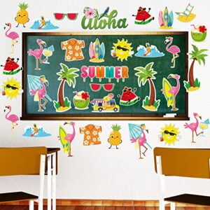 ADXCO 72 Pieces Summer Bulletin Board Decorations Tropical Cutouts Paper Flamingo Pineapple Cutouts Hawaiian School Bulletin Board Set for Classroom Party Supplies