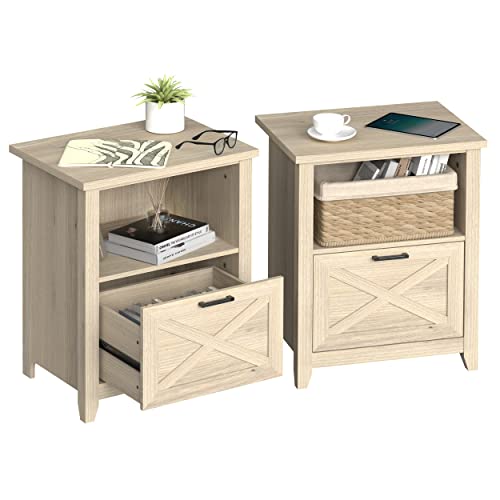 PrimeZone 30" Tall Nightstand for King & Queen Bed with Storage Drawer & Open Cubby - Beige Bedside Table Night Stand for Bedroom, Wood End Table Living Room, Warm Oak, Set of 2