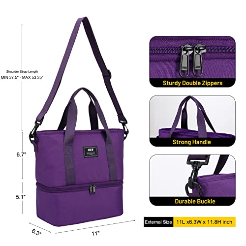 MIER Dual Compartment Lunch Bag for Women Insulated Lunch Box, Small Lunch Tote with Shoulder Strap for Work, Purple