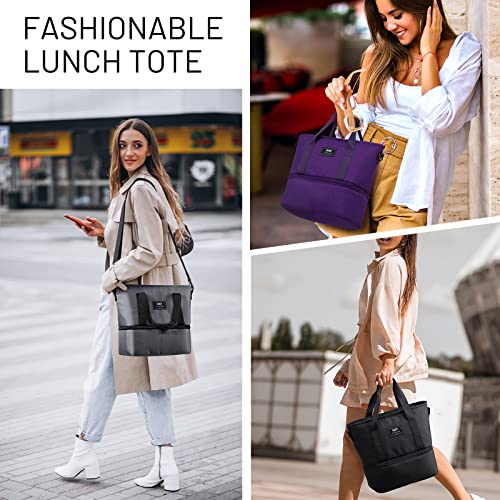 MIER Dual Compartment Lunch Bag for Women Insulated Lunch Box, Small Lunch Tote with Shoulder Strap for Work, Purple