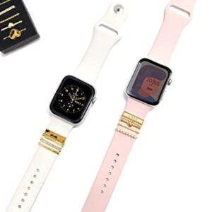 5Pcs Charms for Apple Watch band 41mm 45mm 40mm 44mm 38mm 42mm Women,Diamond+Metal Jewelry Decorative Ring Loops For iWatch series 8 7 6 5 4 3 2 se,Galaxy watch 5/4,Silicone strap Charm Accessories