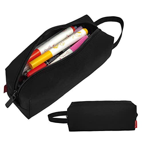 Fmeida Black Pencil Case Large Capacity Pencil Bag with Handle Pencil Cases Zipper Portable Pencil Storage Pouch Bag Pen Holder Minimalist Stationery Organizer for College Office Supplies