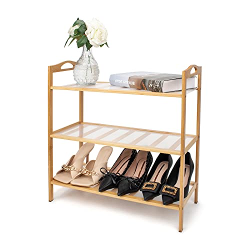 Tuklye Shoe rack,Stylish 3 Tier bamboo shoe rack for entryway,Comes with dust film,shoe organizer for closet