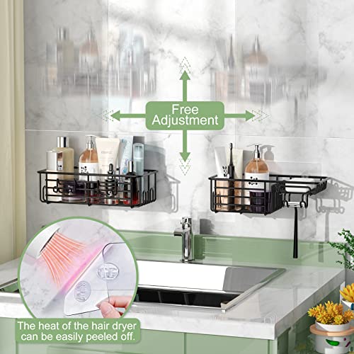 Shower Caddy Shelf Organizer Storage: 2 Pack Adhesive Wall Shampoo Holder with Soap Holder and Hooks, Stainless Steel Rustproof Shower Shelf for Inside Shower Bathroom Basket, No Drilling - Black