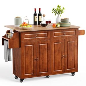 qsun kitchen island with drop leaf and storage, on wheels two drawers, large storage cabinet, towel rack spice cart brown