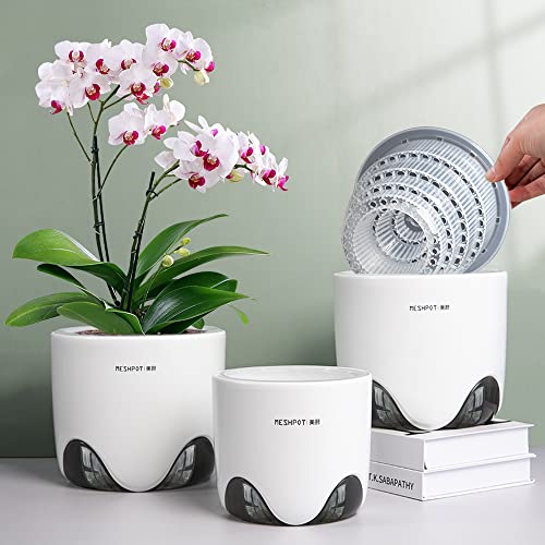 Meshpot 5 inch Orchid Pots with Holes for Repotting,Set of 2,Double Layer Plastic Imitate Ceramic Orchid Planter Provide Good Air Circulation,Clear Orchid Pot Match Decorative Orchid Container