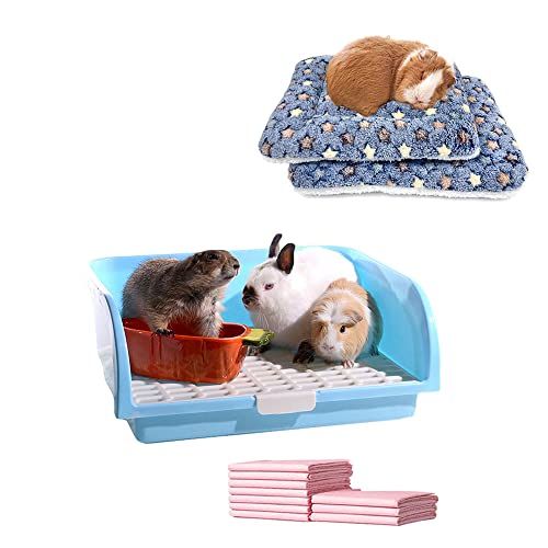 Large Rabbit Litter Box, Small Animal Potty Trainer & 2 Packs of Square Plush Guinea Pig Bed Mat