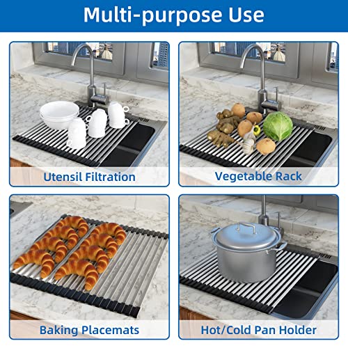 Roll Up Dish Drying Rack Multipurpose Over The Sink Dish Rack, Extra Large Roll-up Kitchen Sink Plate Drying Rack, Foldable Stainless Steel Dish Drainer, Portable Sink Drying Rack (20.5'' x 17.5'')