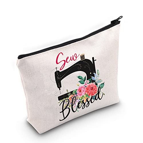 LEVLO Sewing Machine Cosmetic Make Up Bag Quilter Inspired Gifts Sew Blessed Makeup Zipper Pouch Bag For Seamstress (Sew Blessed)