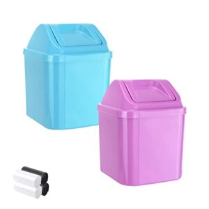 qlfj-furdec 2 pcs plastic mini wastebasket trash can with swing lid with 4 rolls of trash bags, tiny desktop waste garbage bin for home, office, kitchen, vanity tabletop, bedroom, bathroom(blue + purple)