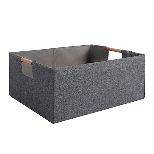 LaMorée Fabric Storage Bin Box Foldable Cotton Linen Storage Basket with Wooden Handles Rectangular Cube Decorative Home Nursery Laundry Organizer Clothes Blanket Container – Gray, Large