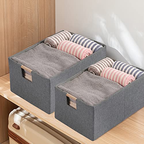 LaMorée Fabric Storage Bin Box Foldable Cotton Linen Storage Basket with Wooden Handles Rectangular Cube Decorative Home Nursery Laundry Organizer Clothes Blanket Container – Gray, Large