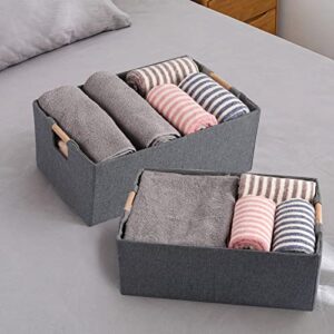 LaMorée Fabric Storage Bin Box Foldable Cotton Linen Storage Basket with Wooden Handles Rectangular Cube Decorative Home Nursery Laundry Organizer Clothes Blanket Container – Gray, Large