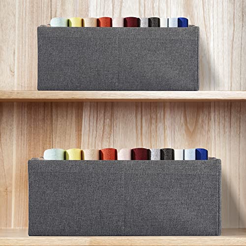 LaMorée Fabric Storage Bin Box Foldable Cotton Linen Storage Basket with Wooden Handles Rectangular Cube Decorative Home Nursery Laundry Organizer Clothes Blanket Container – Gray, Large