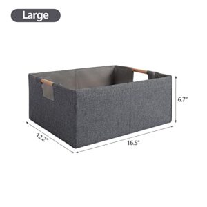 LaMorée Fabric Storage Bin Box Foldable Cotton Linen Storage Basket with Wooden Handles Rectangular Cube Decorative Home Nursery Laundry Organizer Clothes Blanket Container – Gray, Large