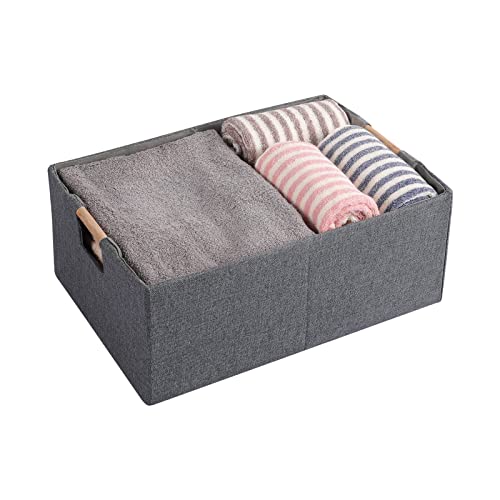 LaMorée Fabric Storage Bin Box Foldable Cotton Linen Storage Basket with Wooden Handles Rectangular Cube Decorative Home Nursery Laundry Organizer Clothes Blanket Container – Gray, Large