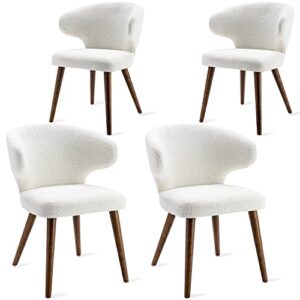 wahson 4 pack modern kitchen & dining room chairs, sherpa upholstered boucle dining chair with hardwood legs, white