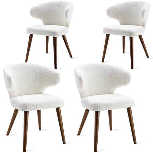 Wahson 4 Pack Modern Kitchen & Dining Room Chairs, Sherpa Upholstered Boucle Dining Chair with Hardwood Legs, White