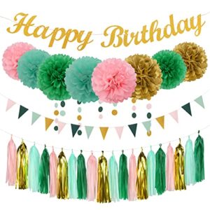 sage-green pink mint gold birthday decorations - 31pcs party kits happy birthday banner flags,tissue paper pom poms,circle dots garland,tassel streamers,40th 50th women men birthday decor panduola