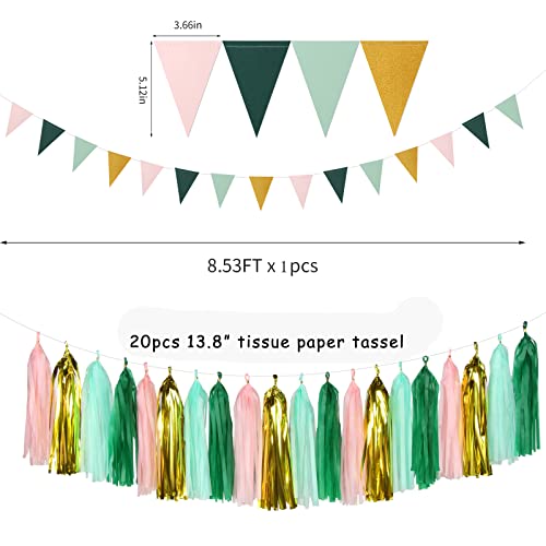 Sage-Green Pink Mint Gold Birthday Decorations - 31pcs Party Kits Happy Birthday Banner Flags,Tissue Paper Pom Poms,Circle Dots Garland,Tassel Streamers,40th 50th Women Men Birthday Decor Panduola