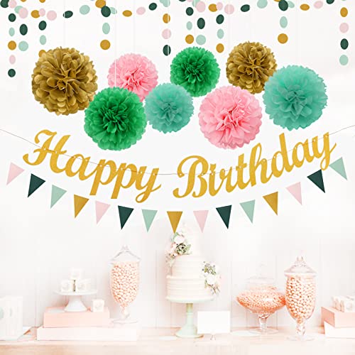 Sage-Green Pink Mint Gold Birthday Decorations - 31pcs Party Kits Happy Birthday Banner Flags,Tissue Paper Pom Poms,Circle Dots Garland,Tassel Streamers,40th 50th Women Men Birthday Decor Panduola