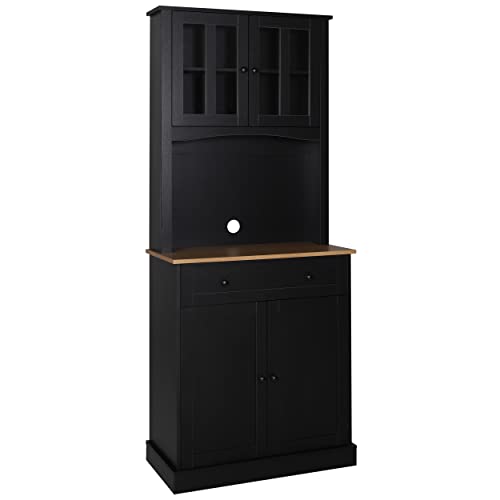 VEIKOUS 72" Kitchen Pantry Buffet Hutch, Freestanding Tall Storage Cabinets with Glass Doors, Pantry Countertop with Drawer and Adjustable Shelves, Black