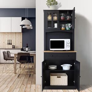 VEIKOUS 72" Kitchen Pantry Buffet Hutch, Freestanding Tall Storage Cabinets with Glass Doors, Pantry Countertop with Drawer and Adjustable Shelves, Black