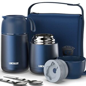 lunchalot thermos for hot food in a bag - 2 set 17 & 24 oz insulated soup lunch box container adults vacuum stainless steel jar & foldable spoons - blue wide mouth flask for