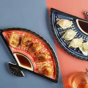 SHIRLEYY1P 12" Sushi Plate Premium Ceramic Sushi Plates Fan Shape Sushi Plate Set with Unibody Sauce Bowl Sashimi Japanese Plate, Dumpling Dish Snack Serving Plate for Home, Party, Eateries, Red.