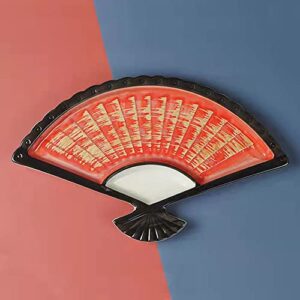 SHIRLEYY1P 12" Sushi Plate Premium Ceramic Sushi Plates Fan Shape Sushi Plate Set with Unibody Sauce Bowl Sashimi Japanese Plate, Dumpling Dish Snack Serving Plate for Home, Party, Eateries, Red.