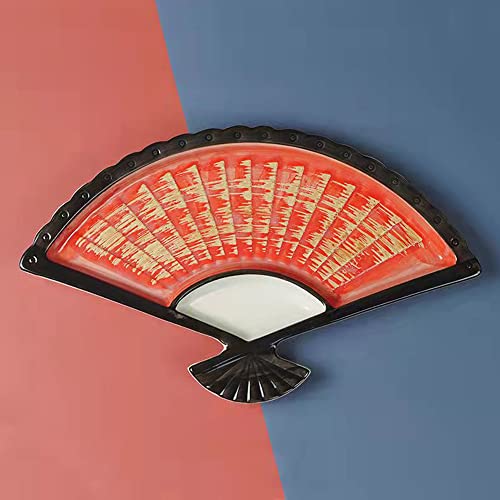 SHIRLEYY1P 12" Sushi Plate Premium Ceramic Sushi Plates Fan Shape Sushi Plate Set with Unibody Sauce Bowl Sashimi Japanese Plate, Dumpling Dish Snack Serving Plate for Home, Party, Eateries, Red.