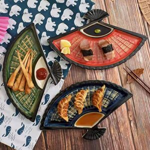 SHIRLEYY1P 12" Sushi Plate Premium Ceramic Sushi Plates Fan Shape Sushi Plate Set with Unibody Sauce Bowl Sashimi Japanese Plate, Dumpling Dish Snack Serving Plate for Home, Party, Eateries, Red.