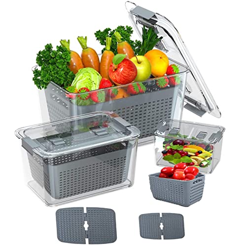 3-pack Vegetable and Fruit Storage Containers for Fridge Organizer Produce Saver Containers for Refrigerator Lettuce Berry Salad Cabbage Keeper BPA-Free Kitchen Organization with Lids and Air Vents (Grey)