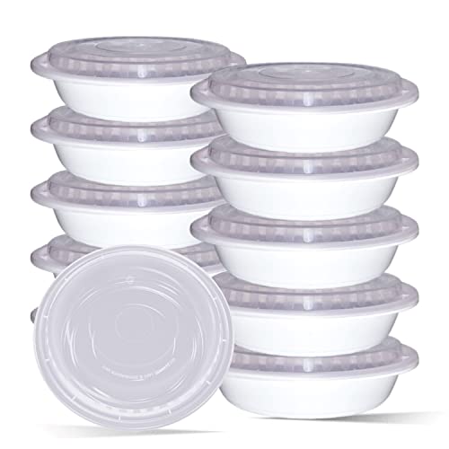 48oz (25 Pack) - White 9" BIG Container REUSABLE Bowl Meal Food Prep Round Microwavable Heavy Weight bulk Container with Lid, Reusable Plastic Microwave/Dishwasher/Freezer Safe BPA FREE