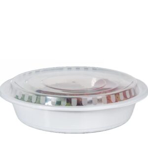 48oz (25 Pack) - White 9" BIG Container REUSABLE Bowl Meal Food Prep Round Microwavable Heavy Weight bulk Container with Lid, Reusable Plastic Microwave/Dishwasher/Freezer Safe BPA FREE