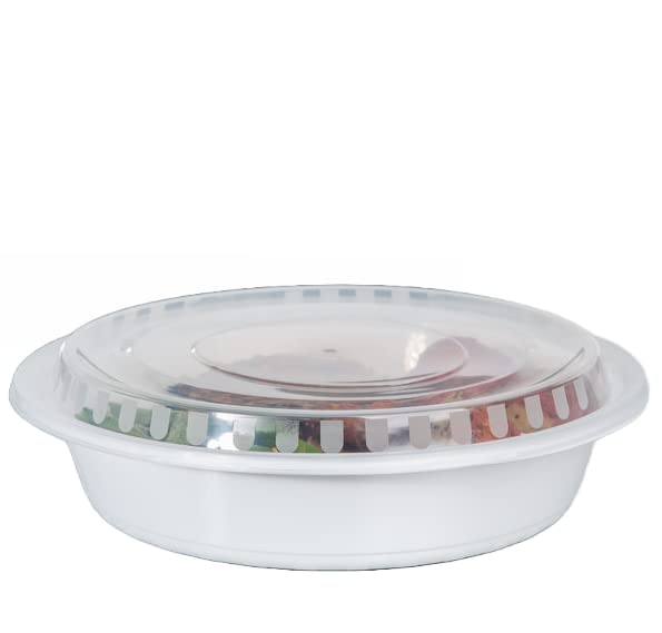 48oz (25 Pack) - White 9" BIG Container REUSABLE Bowl Meal Food Prep Round Microwavable Heavy Weight bulk Container with Lid, Reusable Plastic Microwave/Dishwasher/Freezer Safe BPA FREE