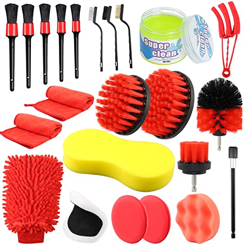 Yeewell 23PCS Car Detailing Brush Set, Drill Brush Set Car Detailing Kit with Cleaning Gel, Auto Detailing Kit with Wash Mitt Sponge, Car Cleaning Tools Kit for Interior, Exterior, Wheels, Dashboard