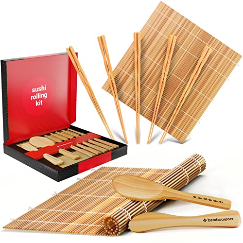 Sushi Making Kit Deluxe - Includes 2 Bamboo Sushi Rolling Mats, Rice Spreader, Rice Paddle, 5 Pairs Chopsticks - 100% Bamboo Home Sushi Maker Kit for Beginners - Great Gift Idea for Chef - Roller Mat