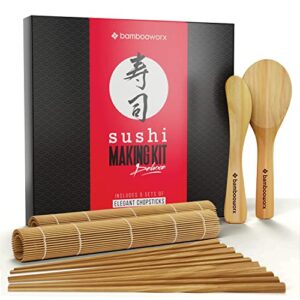 Sushi Making Kit Deluxe - Includes 2 Bamboo Sushi Rolling Mats, Rice Spreader, Rice Paddle, 5 Pairs Chopsticks - 100% Bamboo Home Sushi Maker Kit for Beginners - Great Gift Idea for Chef - Roller Mat