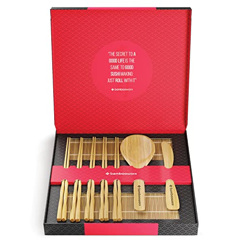 Sushi Making Kit Deluxe - Includes 2 Bamboo Sushi Rolling Mats, Rice Spreader, Rice Paddle, 5 Pairs Chopsticks - 100% Bamboo Home Sushi Maker Kit for Beginners - Great Gift Idea for Chef - Roller Mat